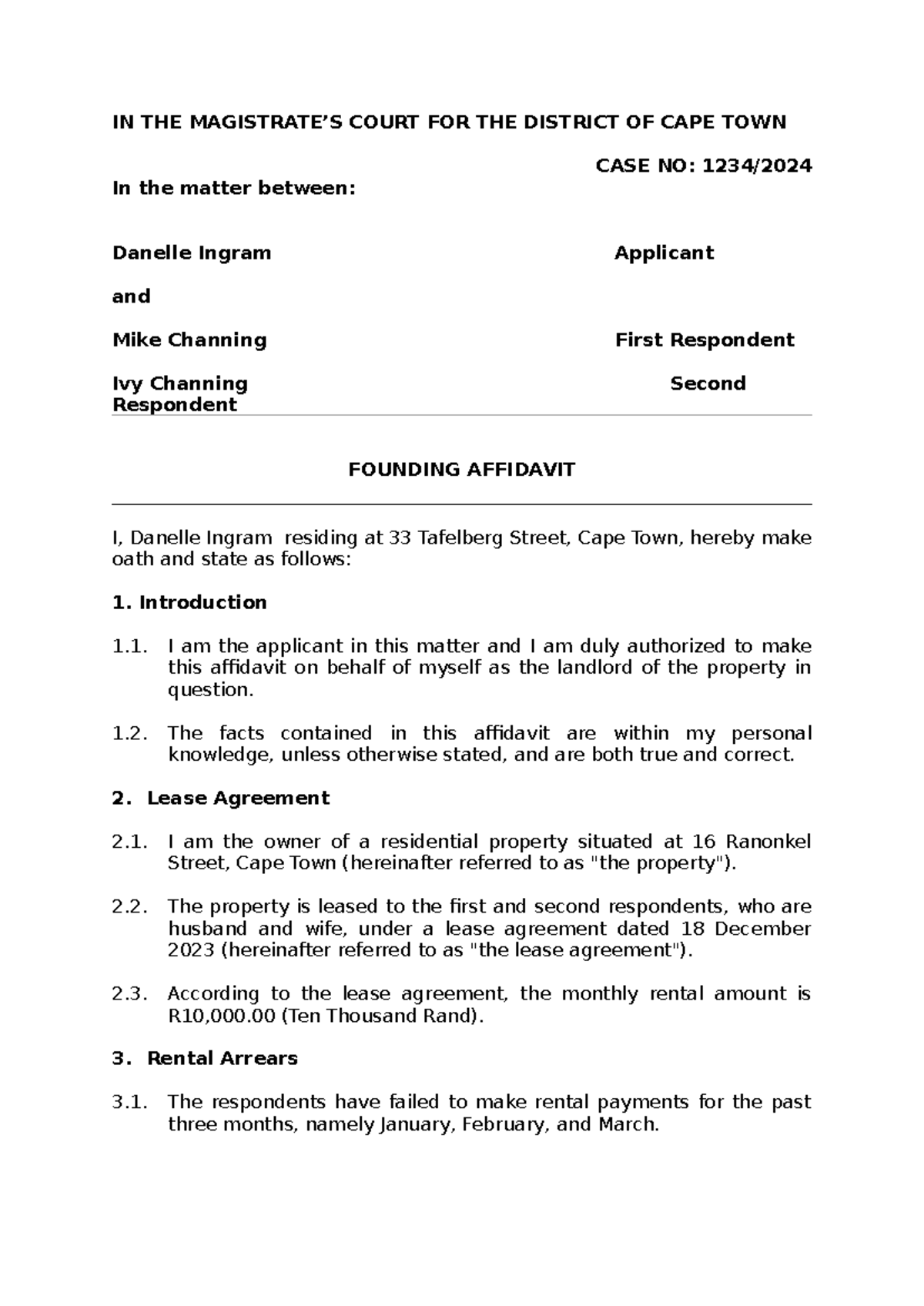 Founding Affidavit for Default Judgment - Case No: 1234/Cape Town - Studocu