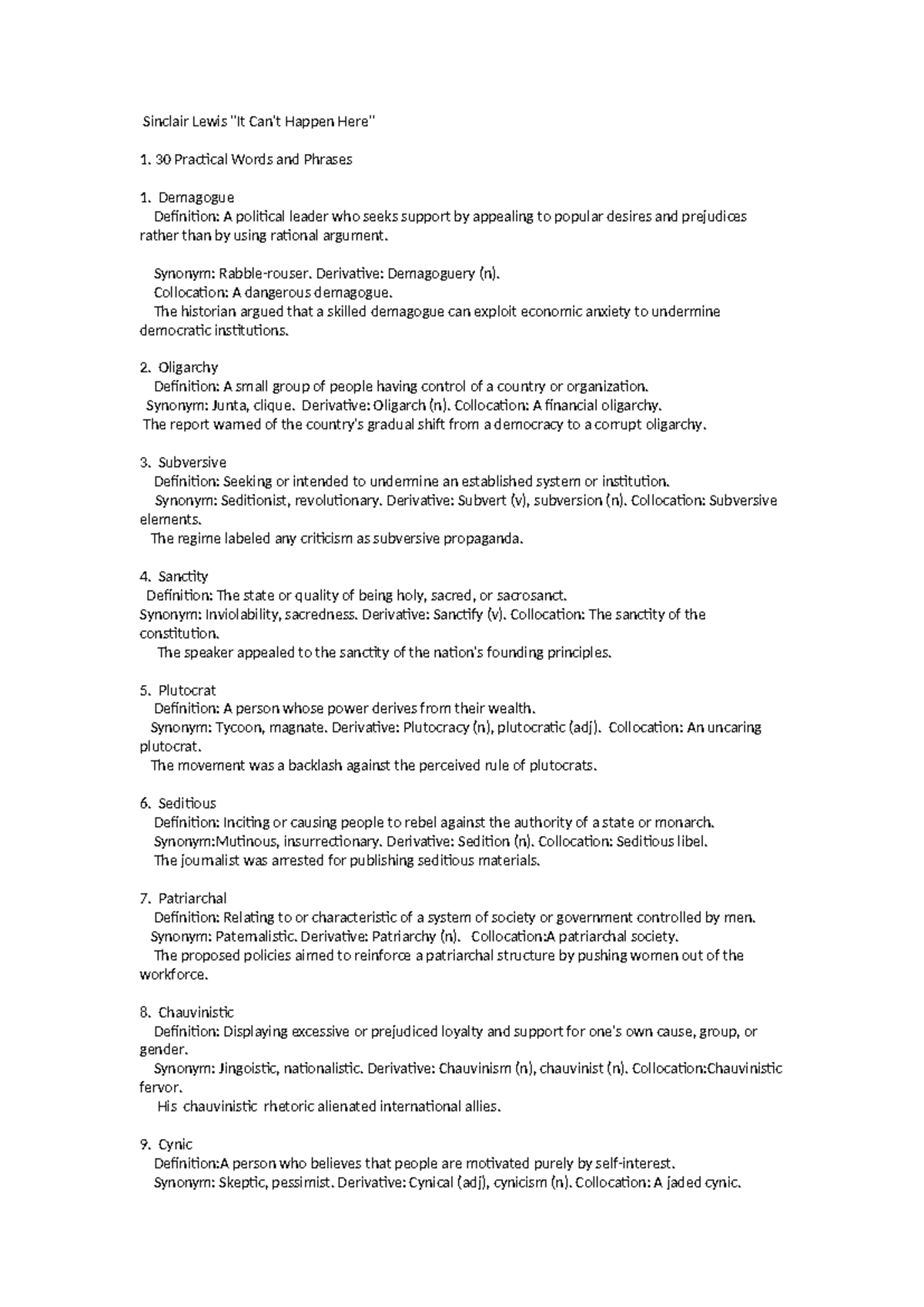 IR2 - Sinclair Lewis: 30 Practical Words & Phrases on Democracy and ...