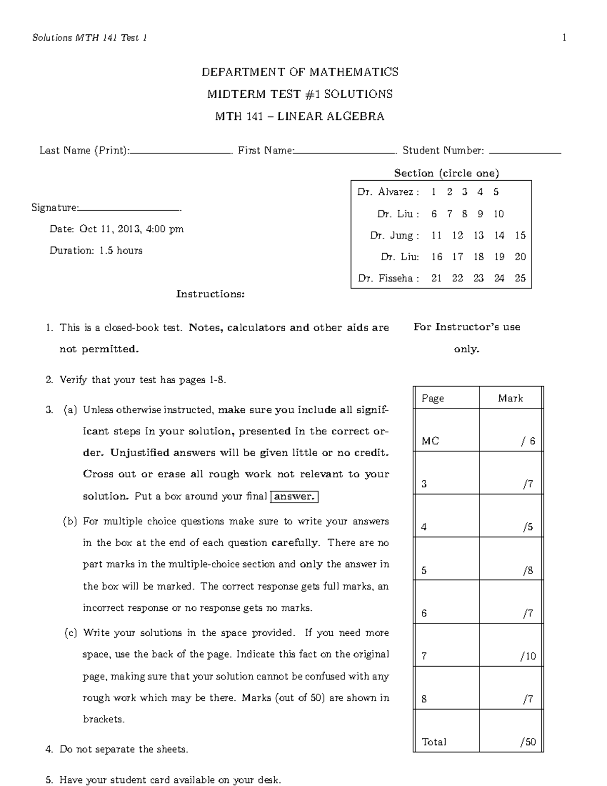 Exam 2015, questions and answers - 1 Solutions MTH 141 Test 1 ...