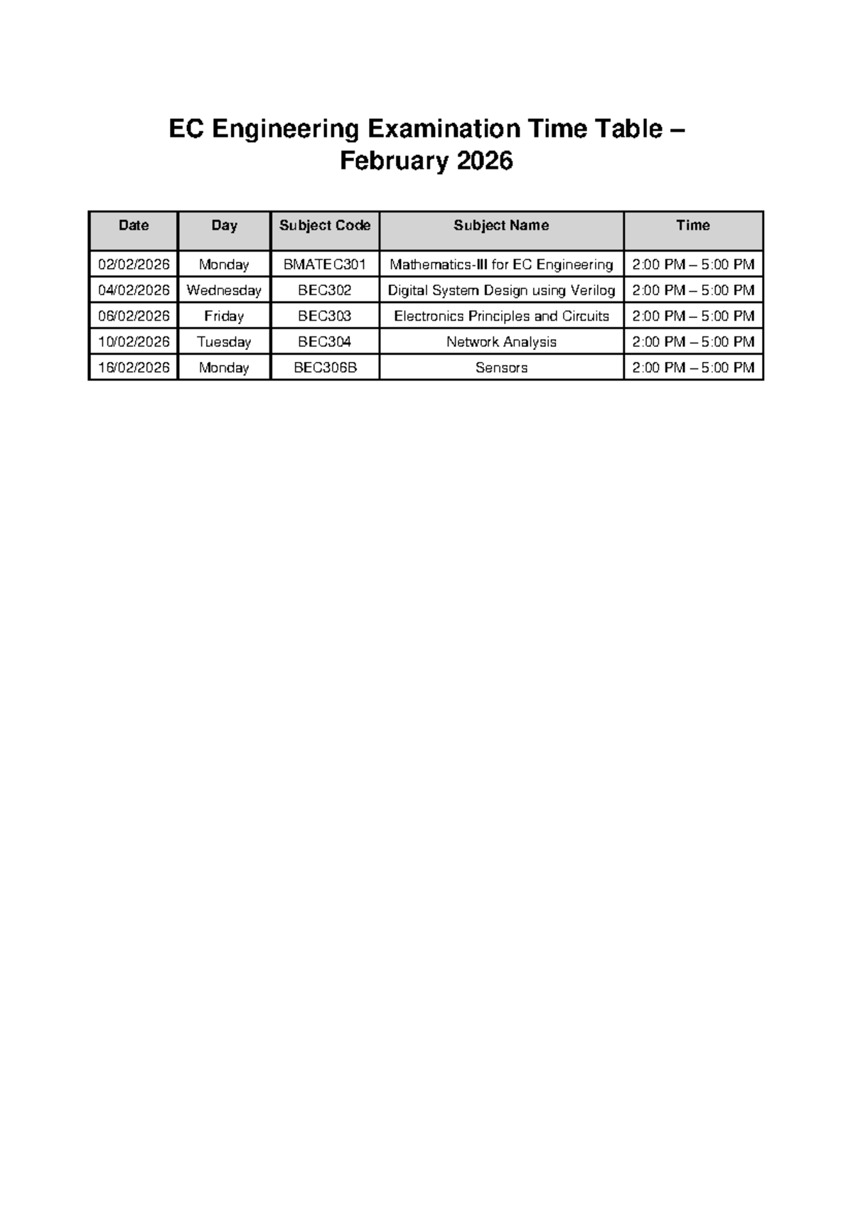 EC Exam Time Table Feb 2026-1 - Electronic and communication - EC ...