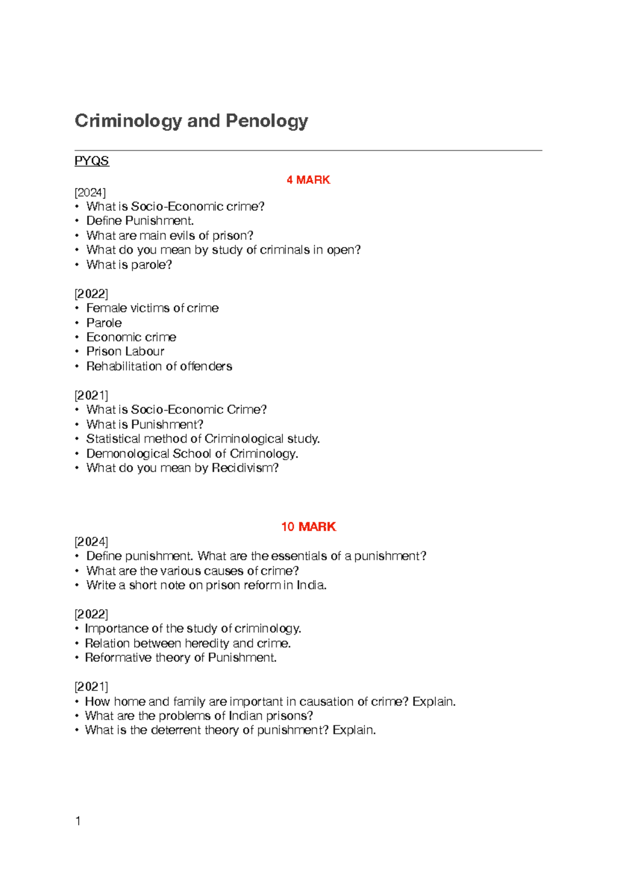 Criminology & Penology PYQs: Key Concepts & Issues - Studocu