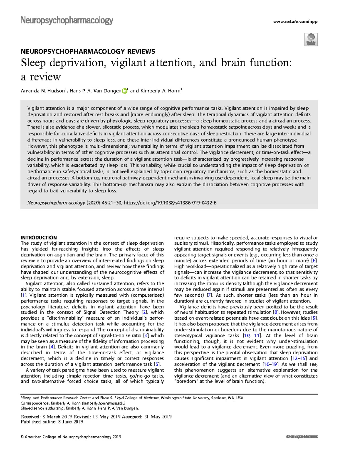 NEUROPSYCHOPHARMACOLOGY REVIEWS: Sleep Deprivation & Vigilant Attention ...