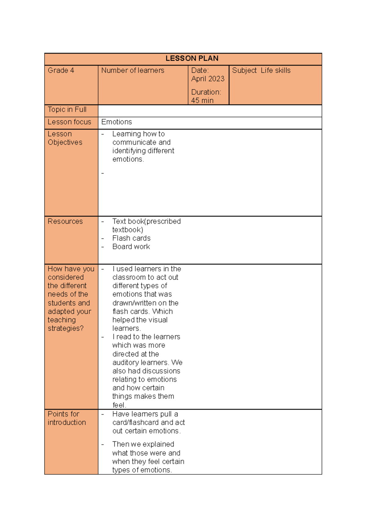 Life Skills Lesson Plan: Understanding Emotions for Grade 4 - Studocu