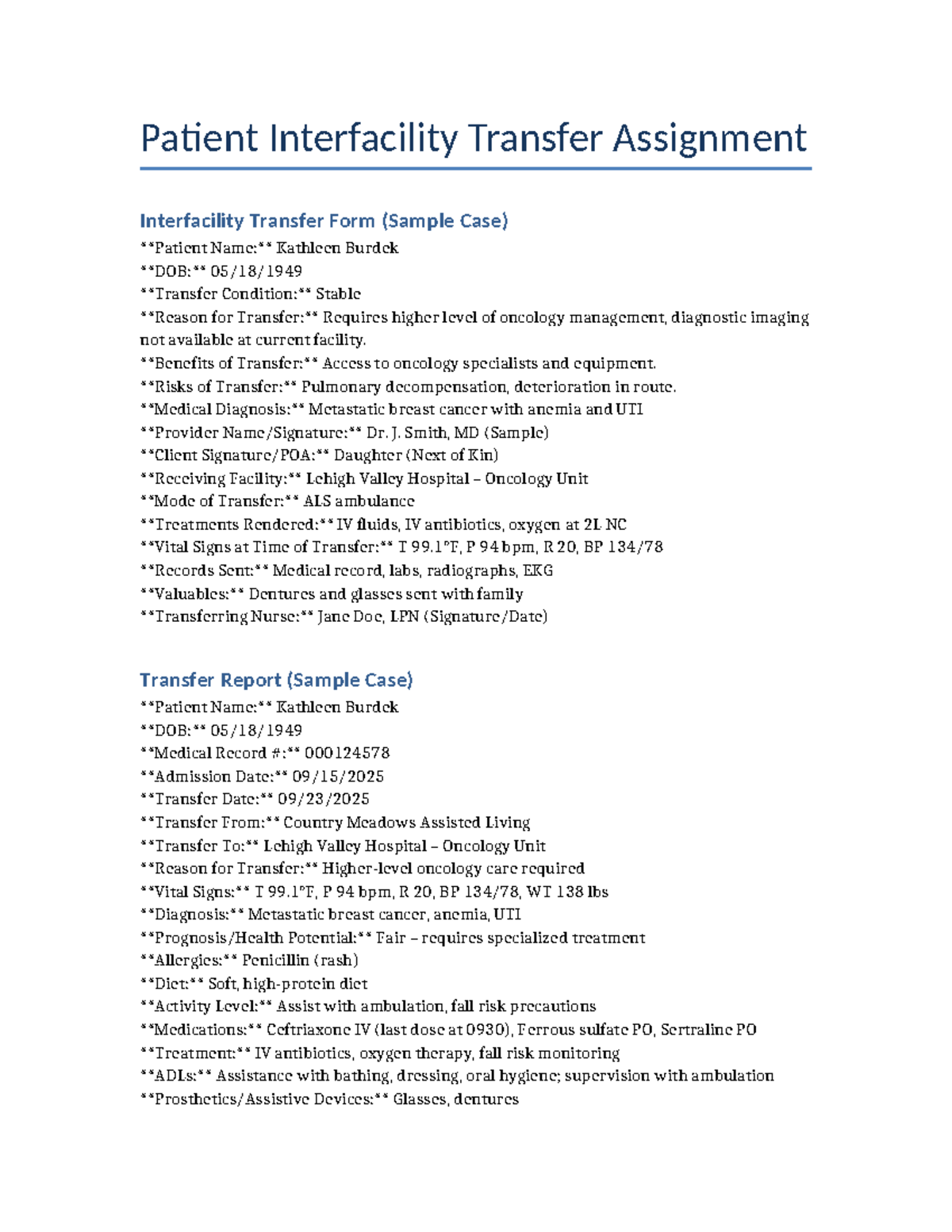 Patient Interfacility Transfer Assignment: Sample Case Study - Studocu