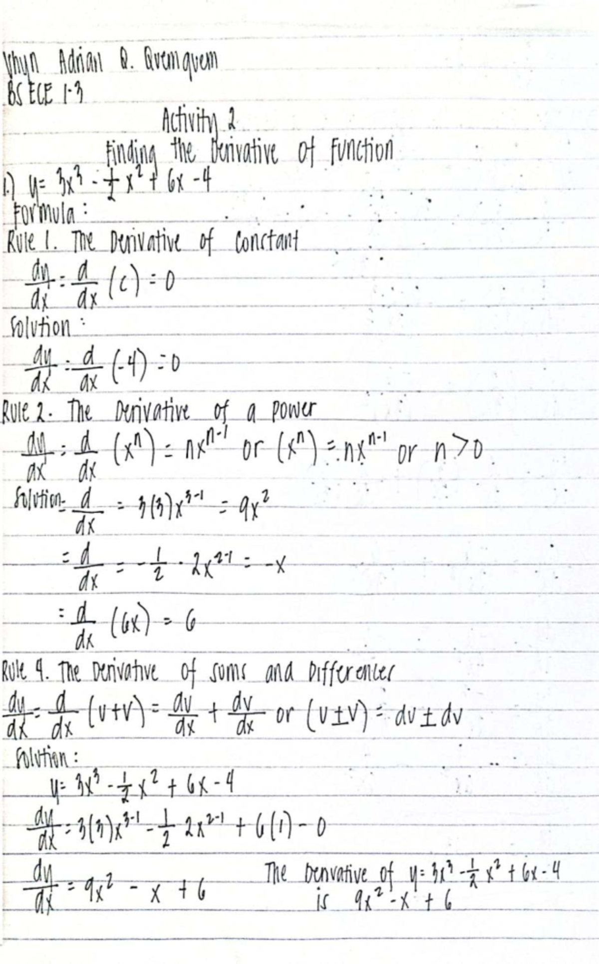 Activity 2: Finding the Derivative of Functions in BS ECE 1-3 - Studocu