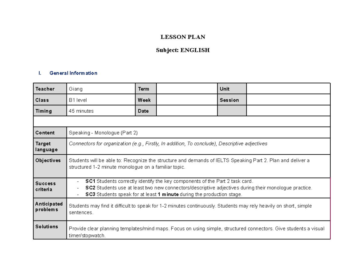 B1 English Lesson Plan: IELTS Speaking Monologue (Part 2) - Studocu