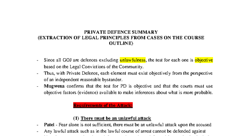 Criminal Law 101: Private Defence Principles Summary Part 3 - Studocu