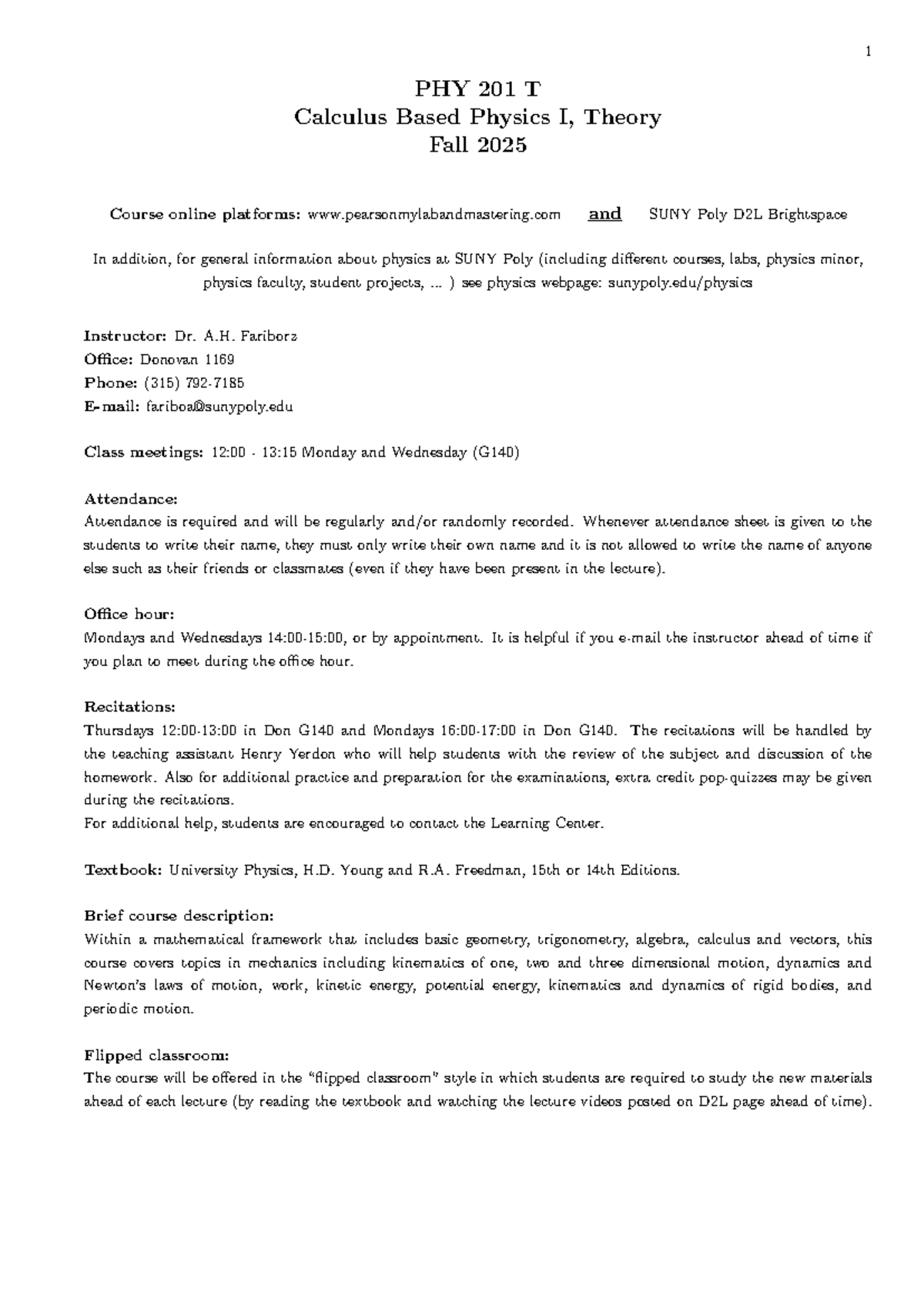 PHY 201T: Calculus Based Physics I - Syllabus Overview for Fall 2025 ...