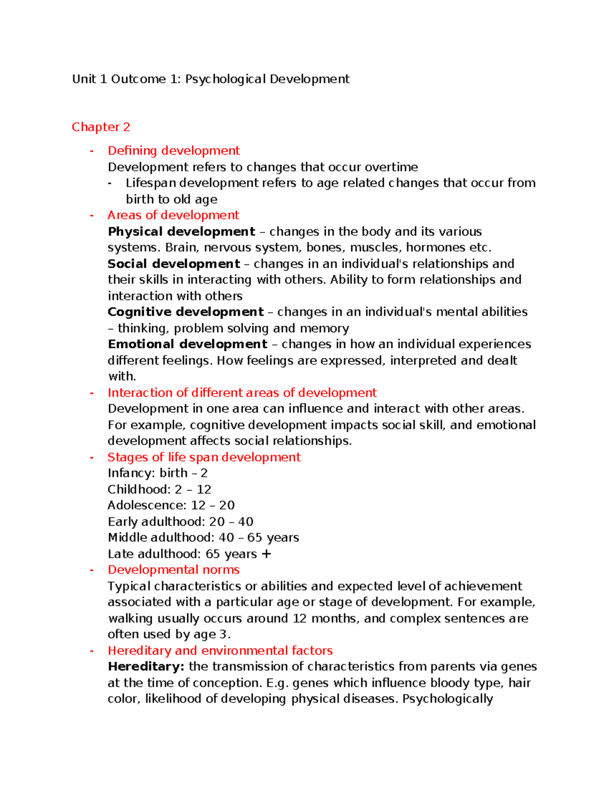 Psychology Unit 1 AOS 1: Revision on Psychological Development - Studocu