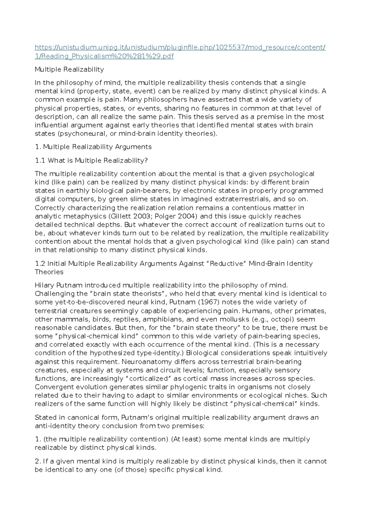 PHIL 101: Multiple Realizability and Physicalism in Mind Theory - Studocu