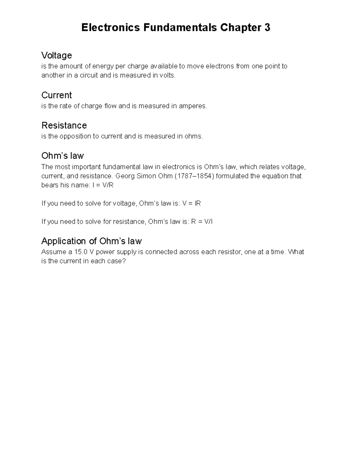 Electronics Fundamentals: Chapter 3 - Voltage, Current & Power Concepts - Studocu
