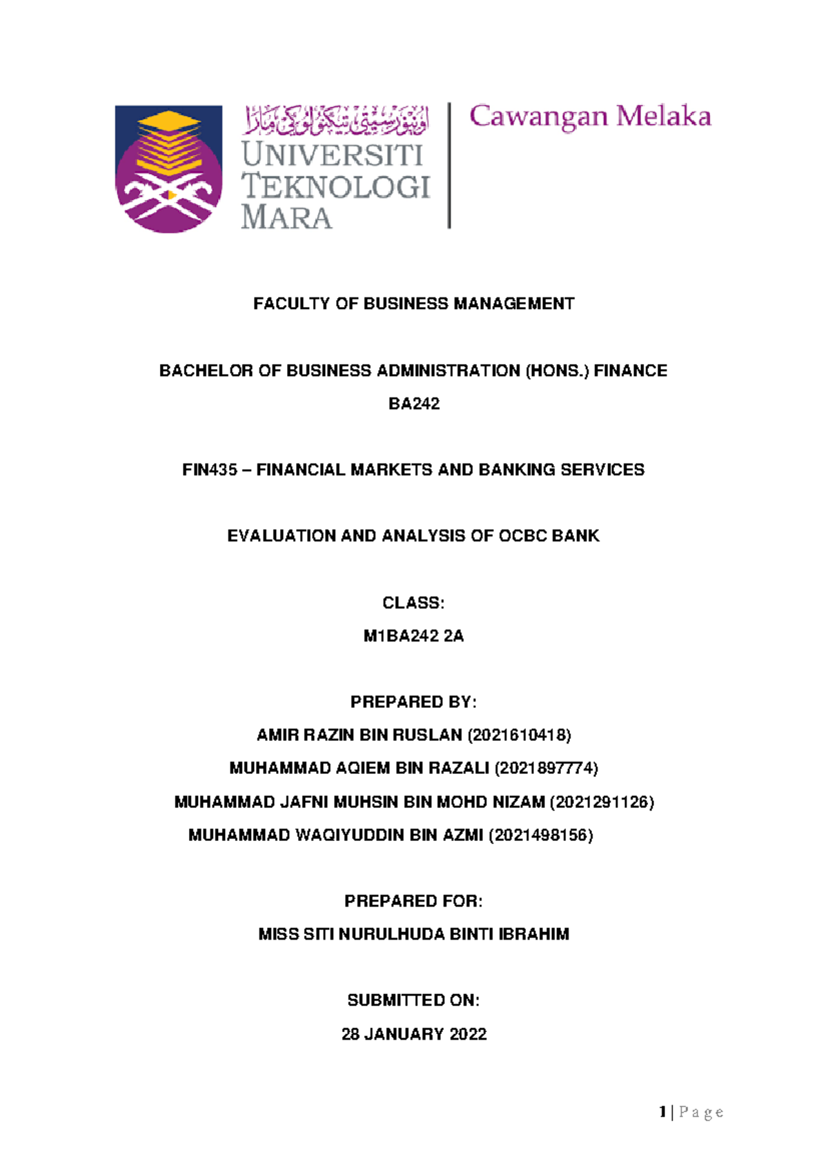 FIN435 Group Assignment - Comprehensive Report on OCBC Bank Analysis - Studocu