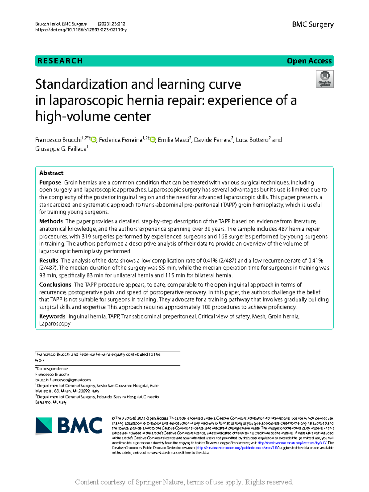 BMC Surgery: Standardization & Learning Curve in Laparoscopic TAPP ...