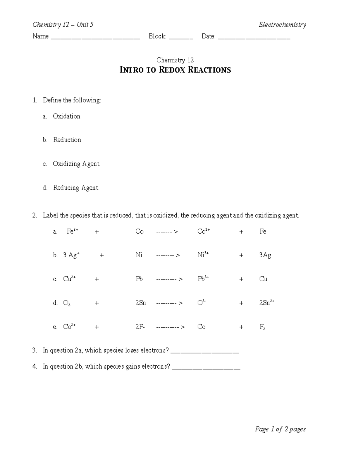 A1 - intro to redox - Qeeeee - Chemistry 12 – Unit 5 Electrochemistry ...