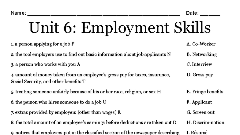 Unit 6: Employment Skills Answer Key and Definitions - Studocu