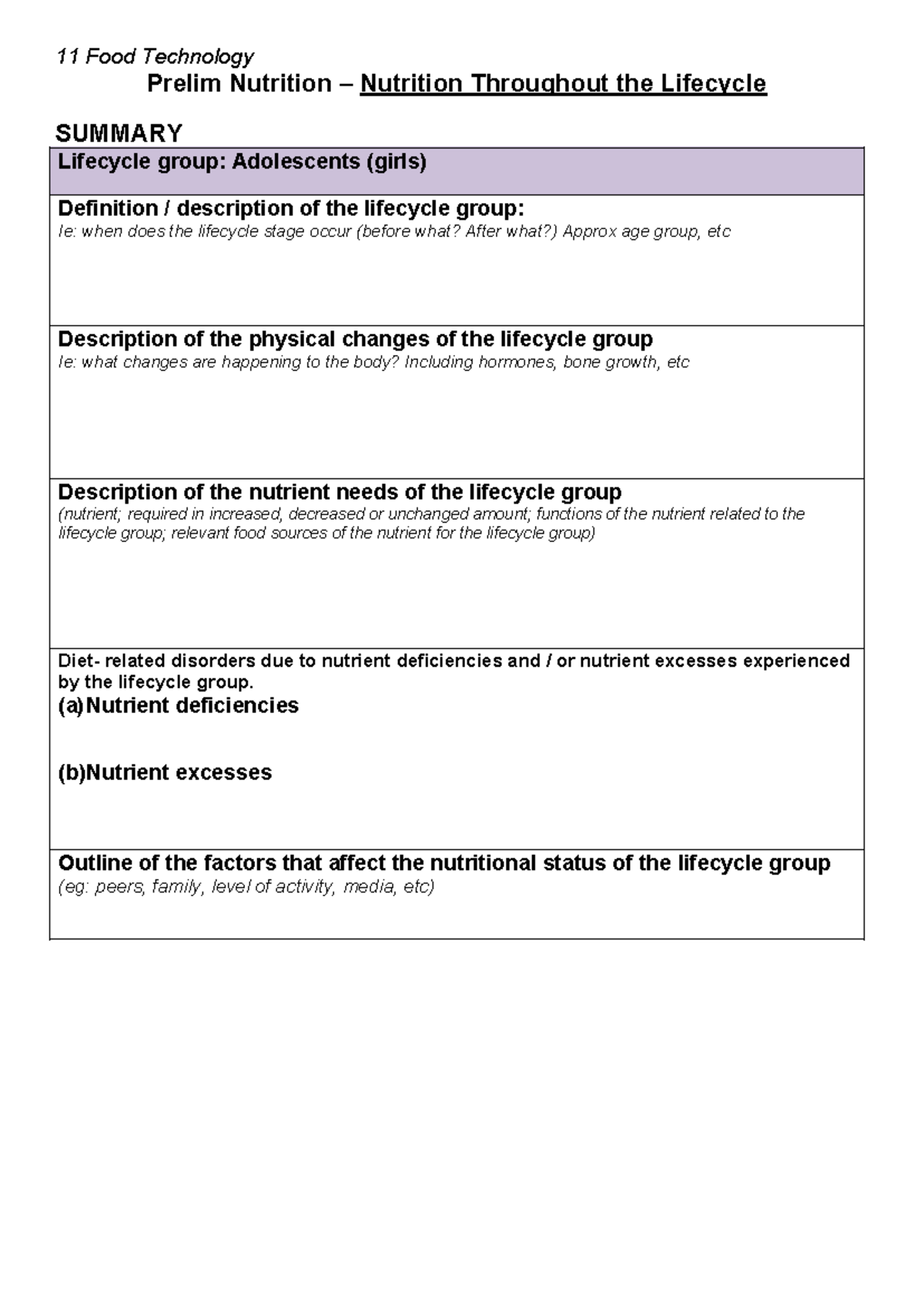 11 Food Technology Prelim: Nutrition Throughout the Lifecycle Summary ...