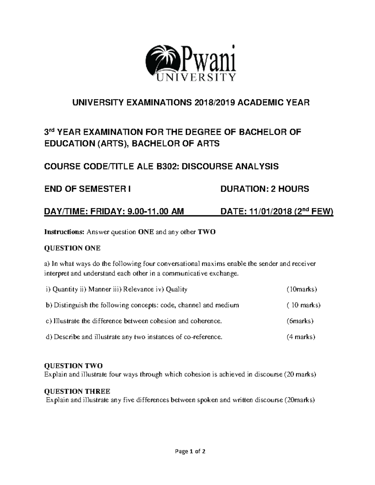 ALE B302: Discourse Analysis End of Semester Exam Guide - Studocu
