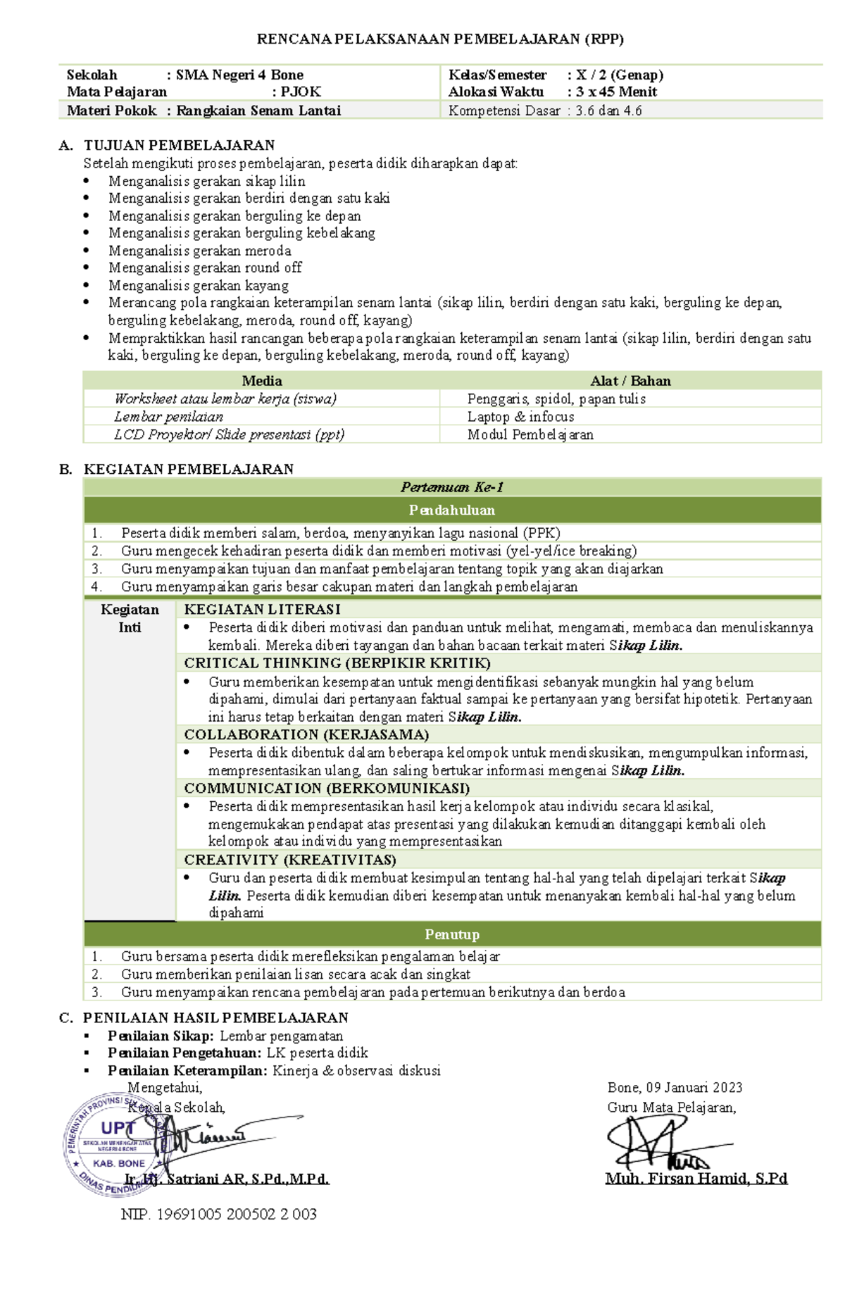 RPP II PJOK X: Rangkaian Senam Lantai dan Tujuan Pembelajaran - Studocu