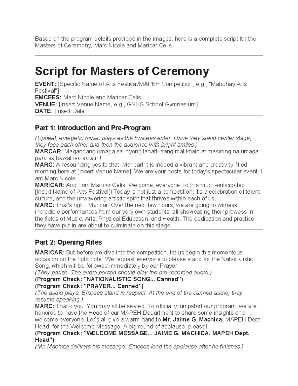 Masters of Ceremony Script for Arts Competition (Course Code: 0001 ...