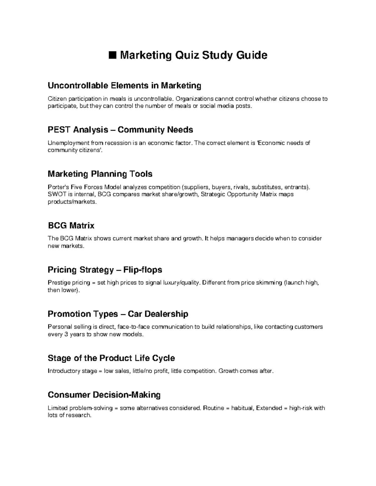 Marketing Quiz Study Guide: Uncontrollable Elements & Strategies - Studocu
