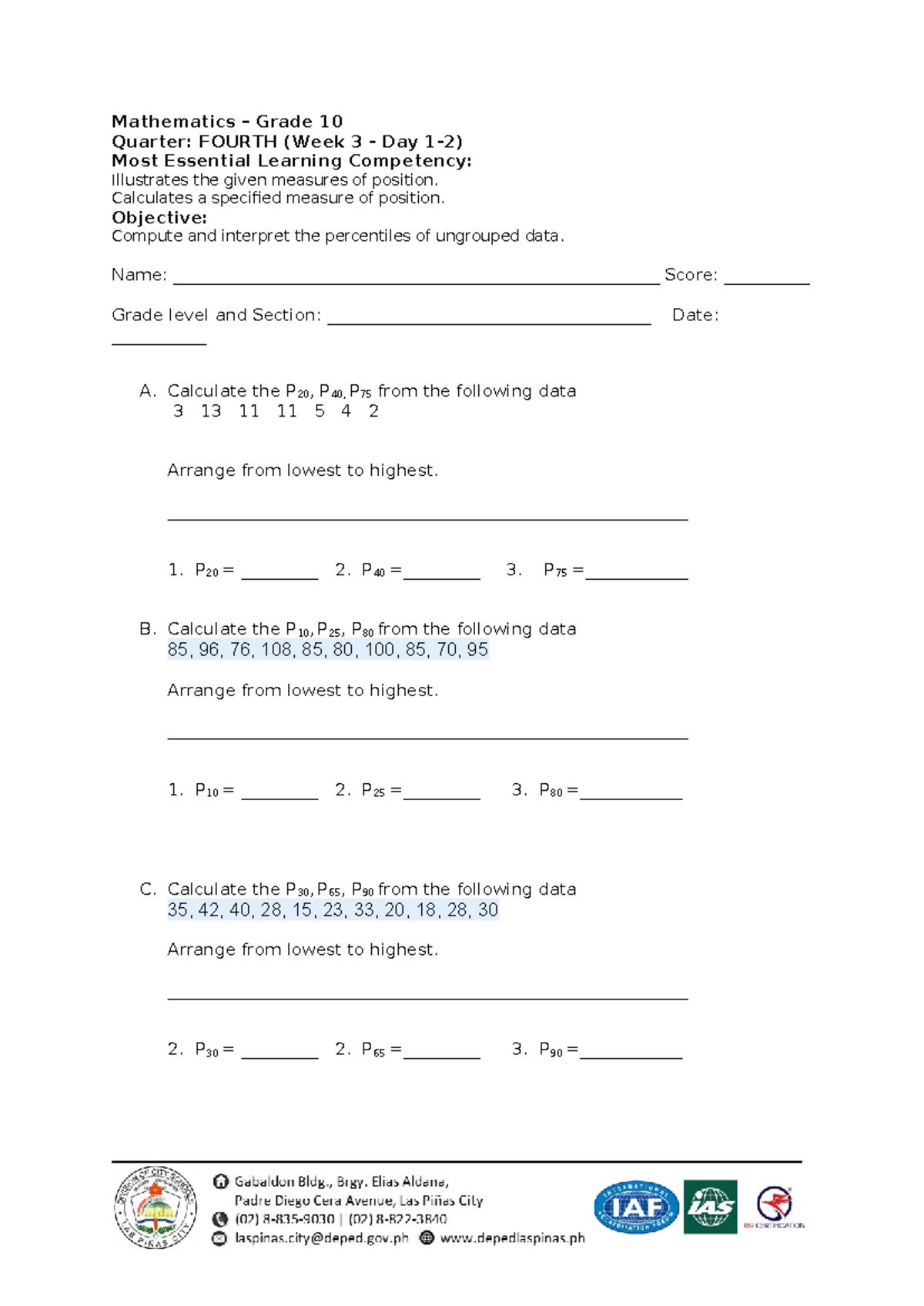 MATH 10 Worksheets QTR4 Week 3 - Mathematics – Grade 10 Quarter: FOURTH ...