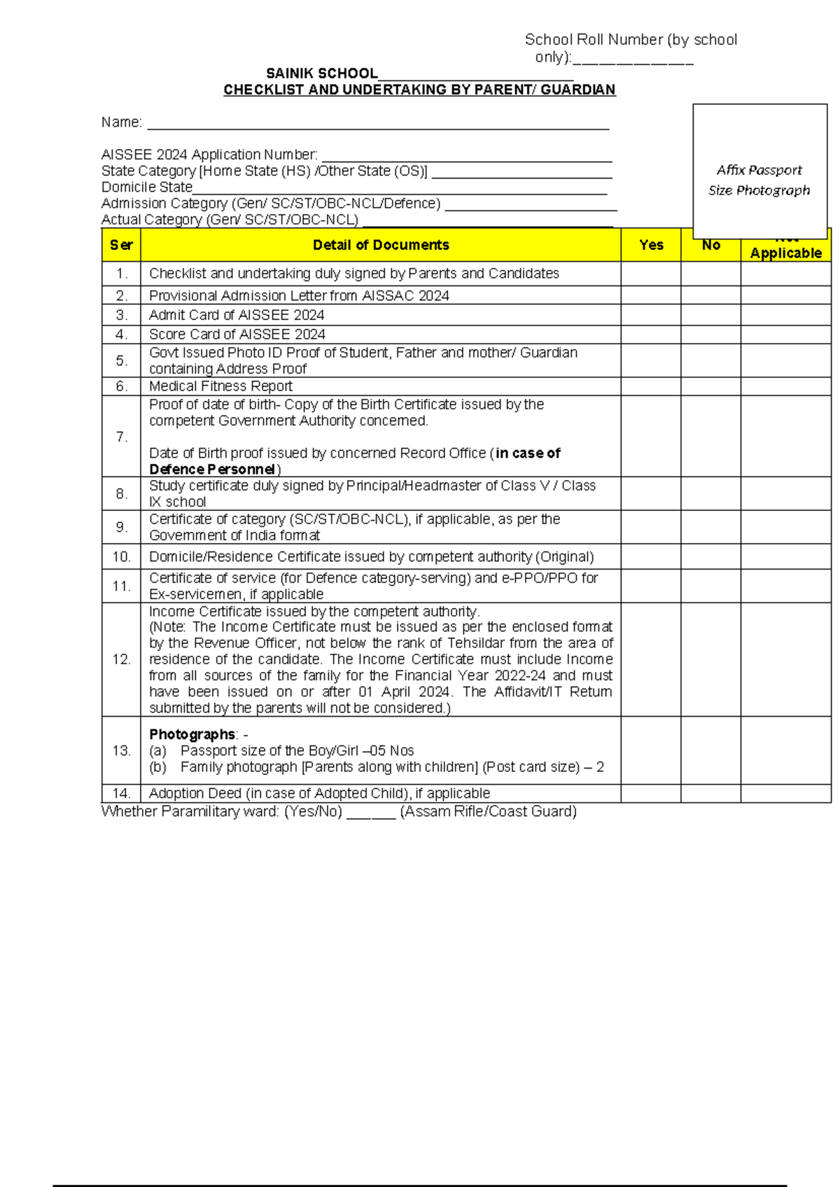 AISSEE 2024 Admission Checklist and Undertaking for Guardians - Studocu