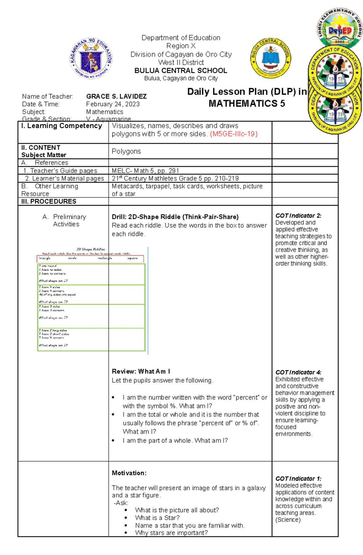 Lesson Plan for Mathematics 5: Exploring Polygons and Shapes - Studocu