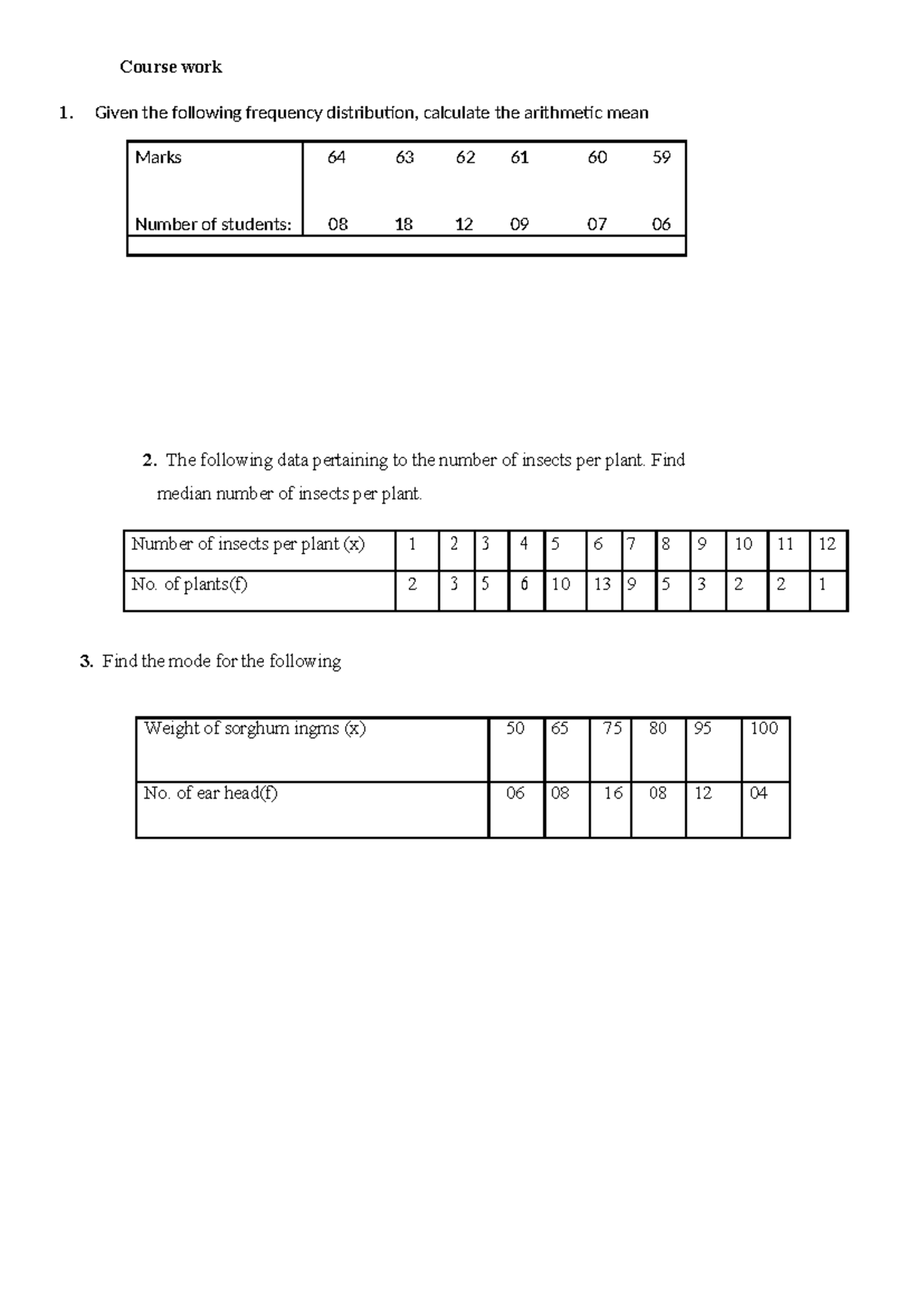 Data Analysis Coursework 1: Mean, Median, and Mode Calculations - Studocu