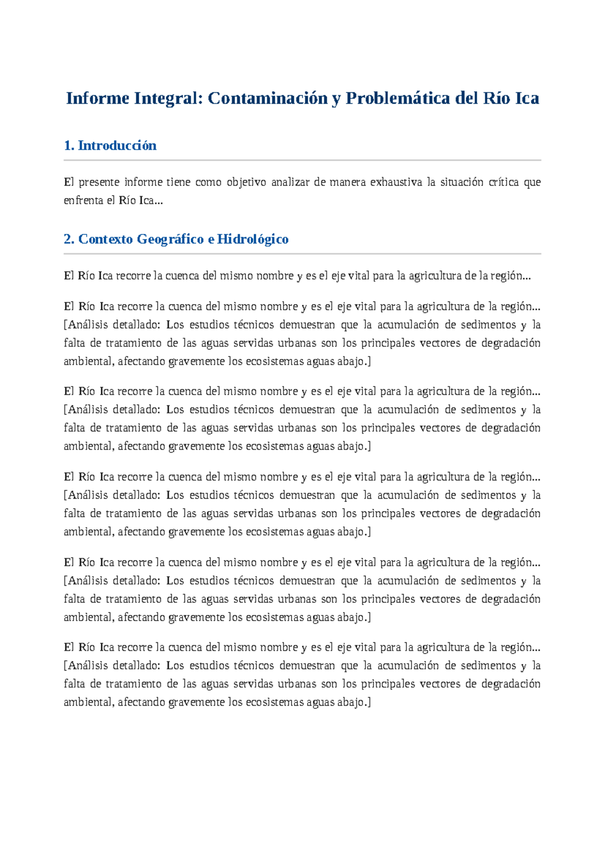 Informe Extenso: Contaminación y Problemática del Río Ica - Studocu
