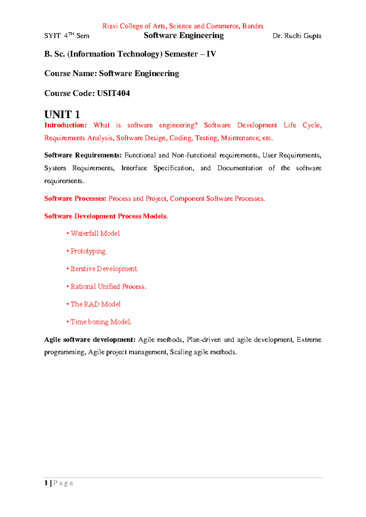 **USIT Software Engineering Unit 1: Lecture Notes by Dr. Ruchi Gupta ...