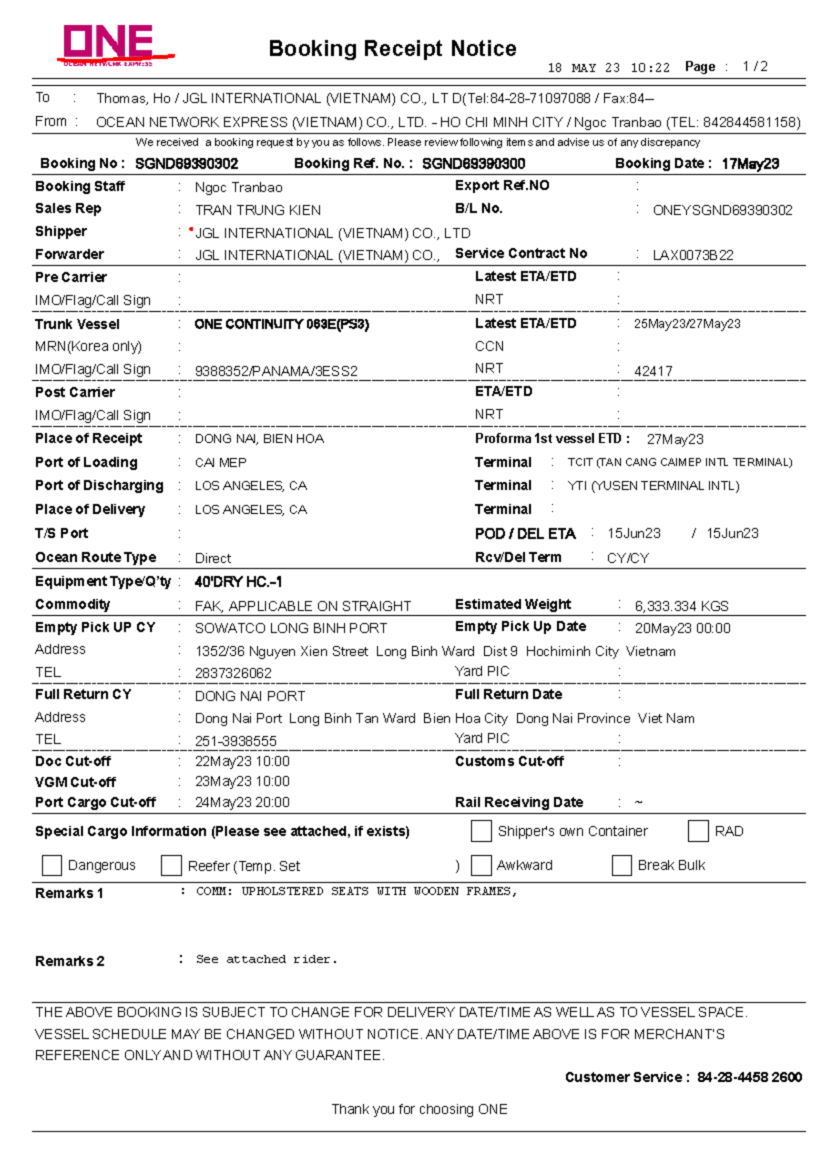 SGND69390302 Booking Receipt - JGL International Notice - Studocu