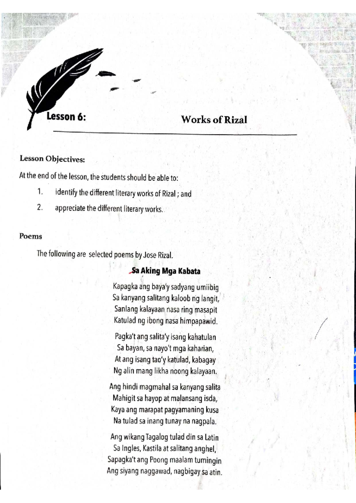 Lesson 6: Exploring the Different Poems of Jose Rizal - Studocu