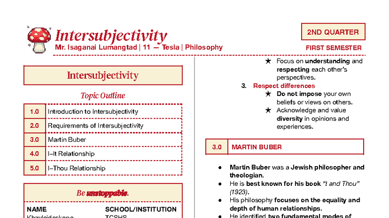 Philosophy 11 Tesla: Intersubjectivity Notes for 2nd Quarter - Studocu