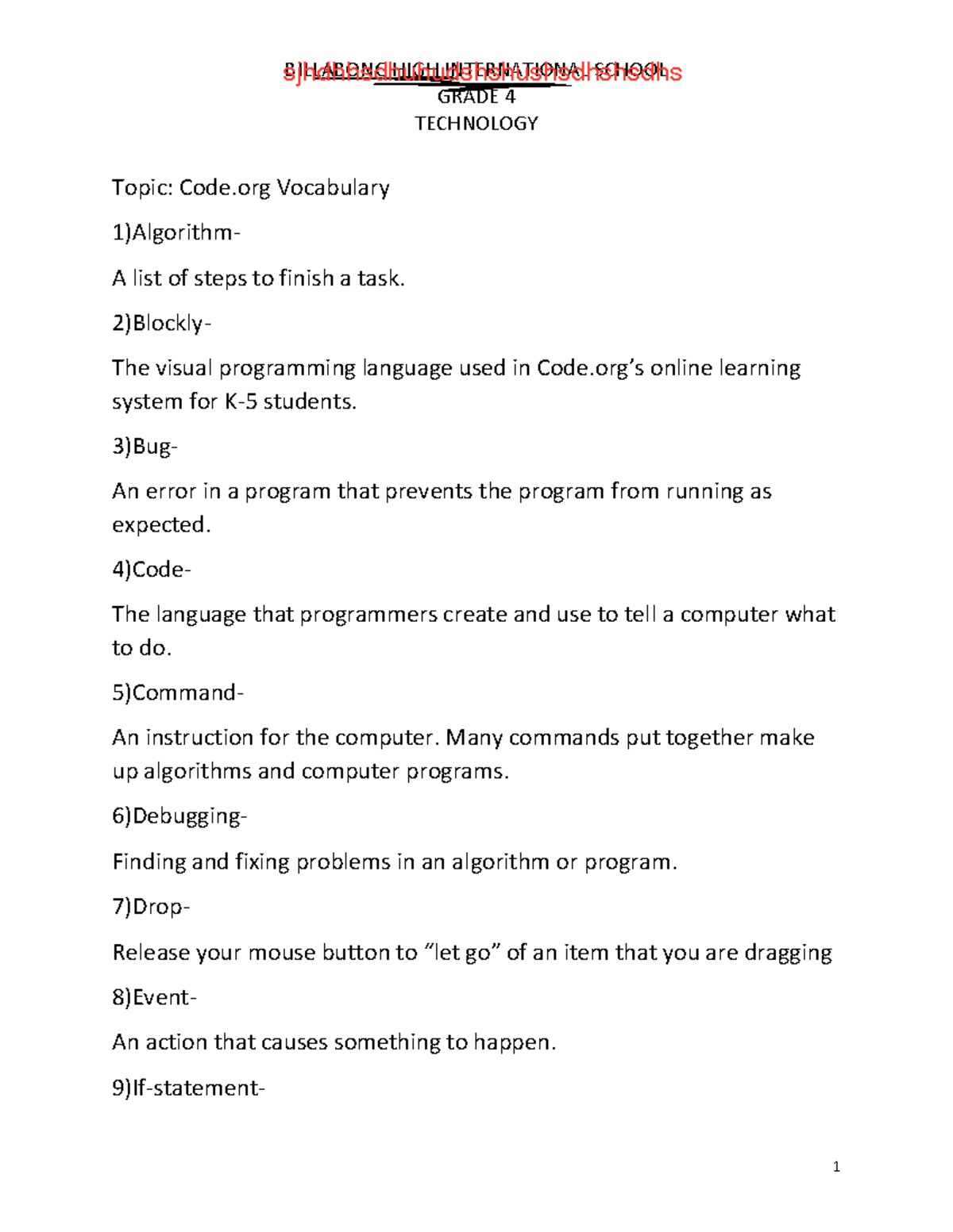 BILLABONG HIGH INTERNATIONAL SCHOOL GRADE 4 TECH: Code.org Vocabulary ...