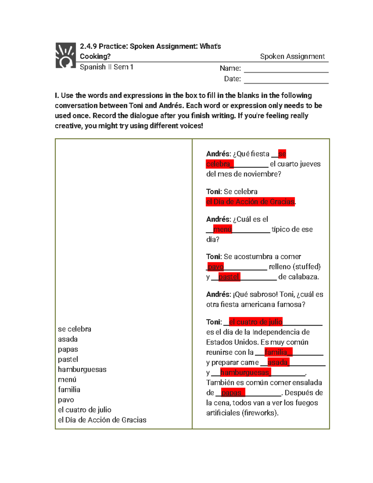 2.4.9 Spoken Assignment - What's Cooking? for Spanish II Sem 1 - Studocu