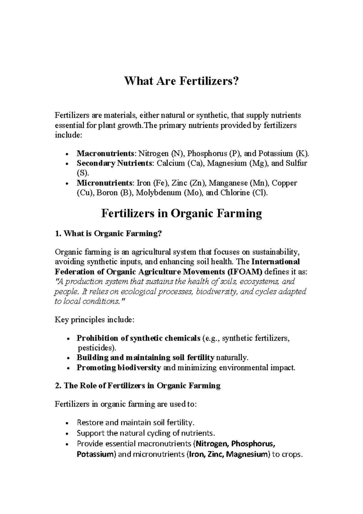 Fertilizers 101: Essential Nutrients and Organic Farming Insights - Studocu