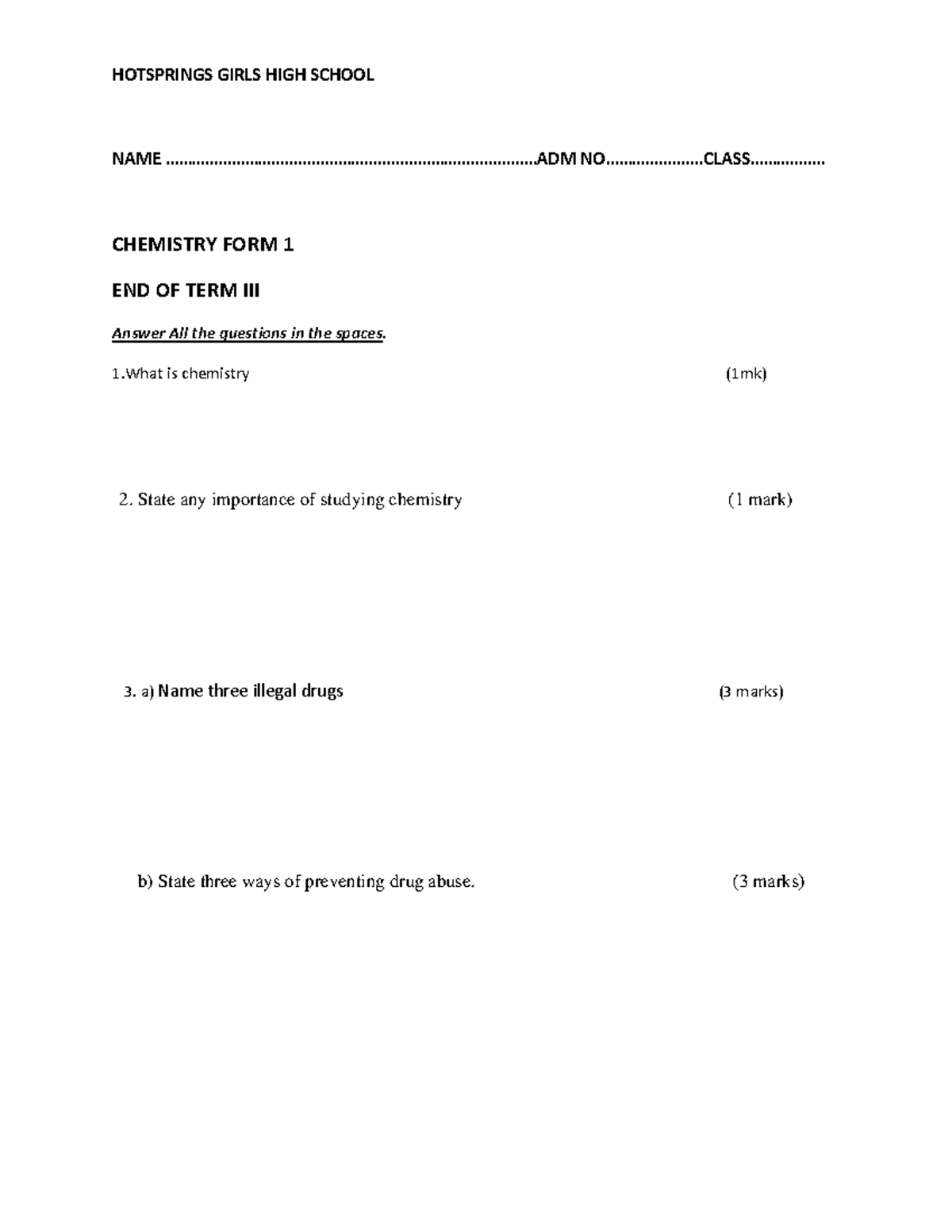 Chemistry Form 1: End of Term III Review Questions and Answers - Studocu