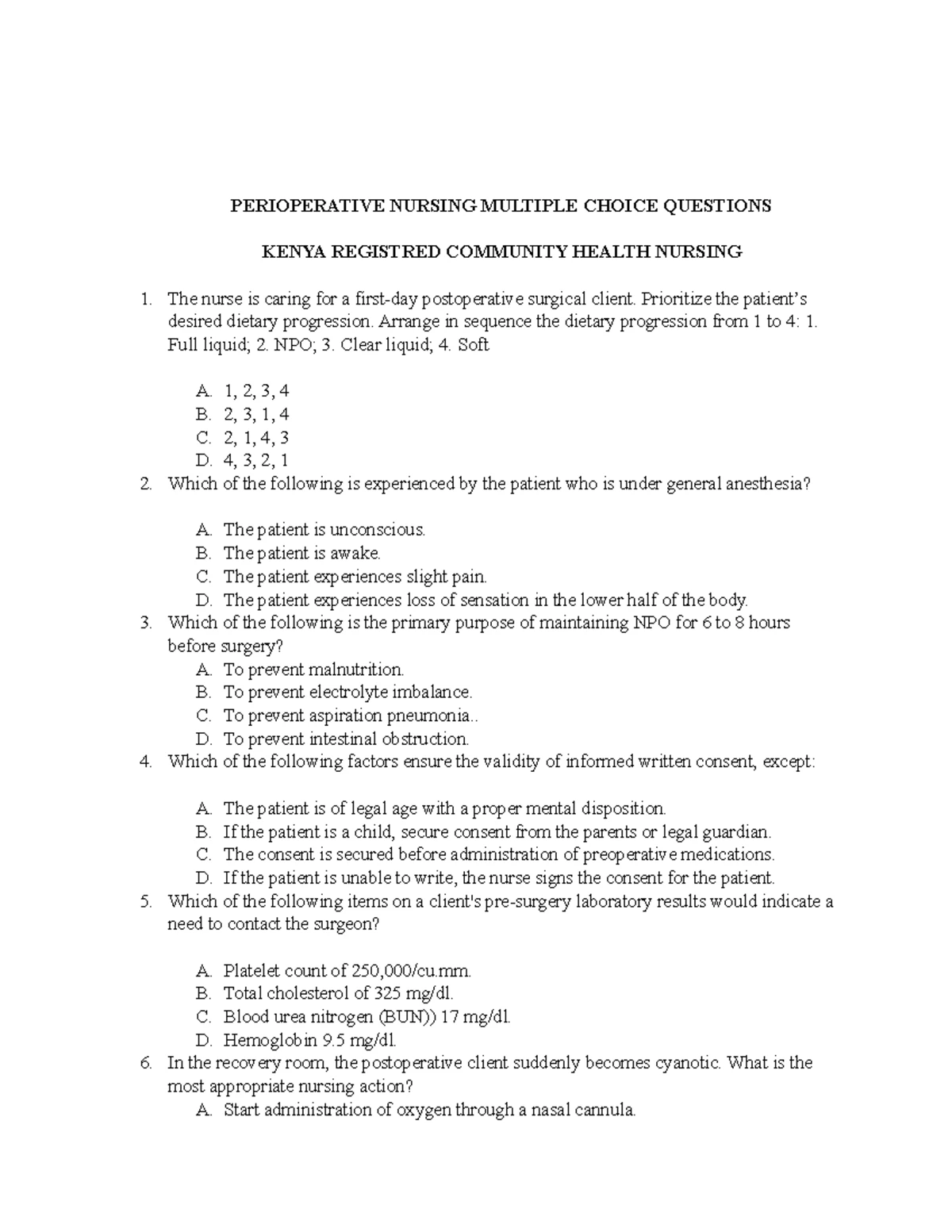 Perioperative MCQS - Multiple choice questions - PERIOPERATIVE NURSING MULTIPLE CHOICE QUESTIONS ...