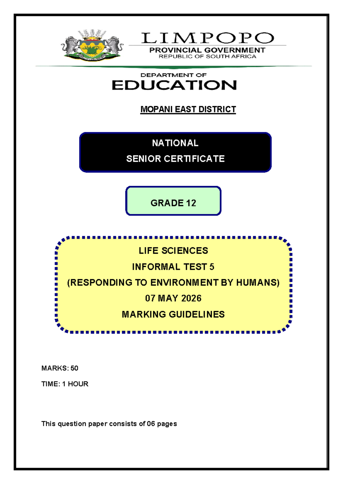 MOPANI EAST DISTRICT GRADE 12 LIFE SCIENCES INFORMAL TEST 5 MEMO - Studocu