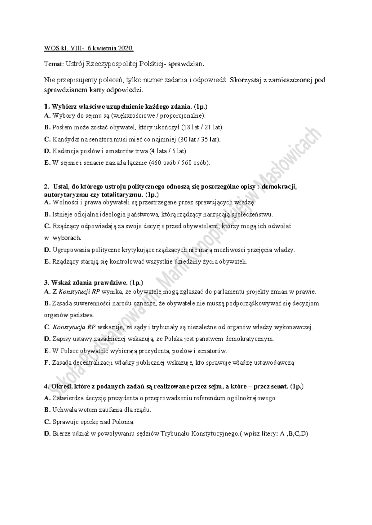 WOS kl. VIII - Ustrój Rzeczypospolitej Polskiej - Sprawdzian 2020 - Studocu