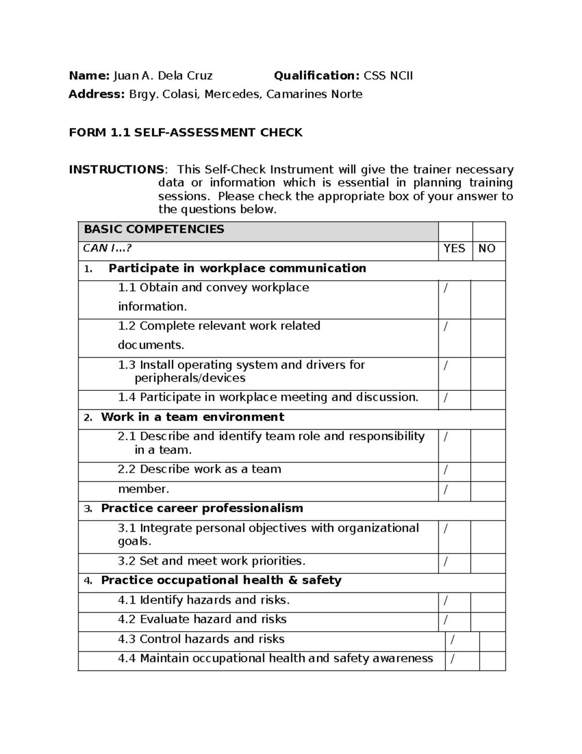 CSS NCII Form 1.1 Self-Assessment Check for Basic Competencies - Studocu