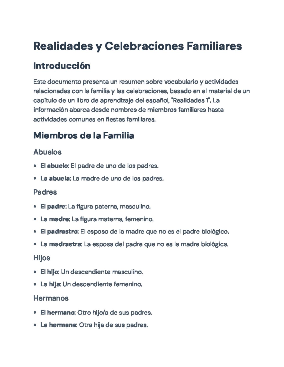 Vocabulario y Actividades de la Familia y Celebraciones - Realidades 1 ...