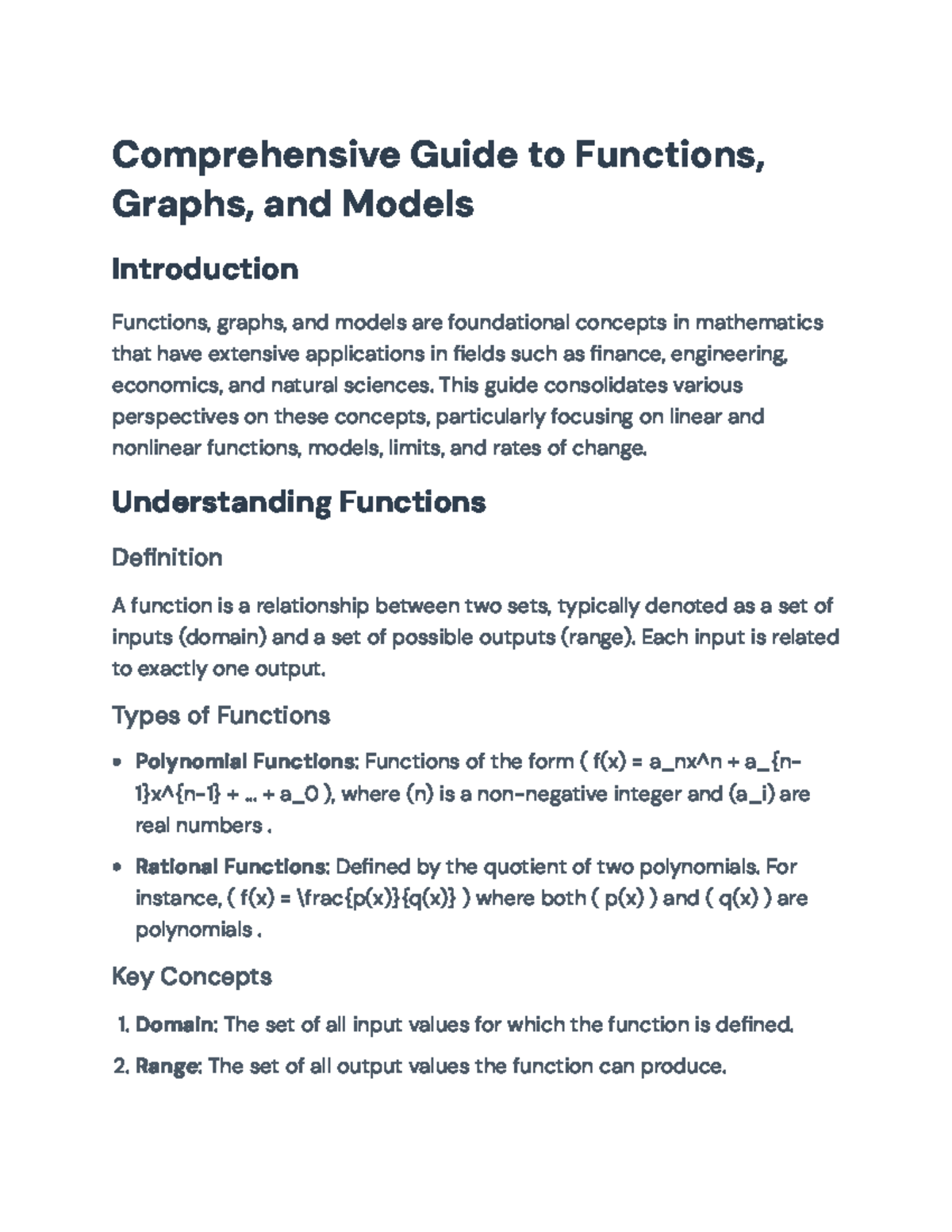Math 101: Comprehensive Guide to Functions, Graphs, and Models - Studocu