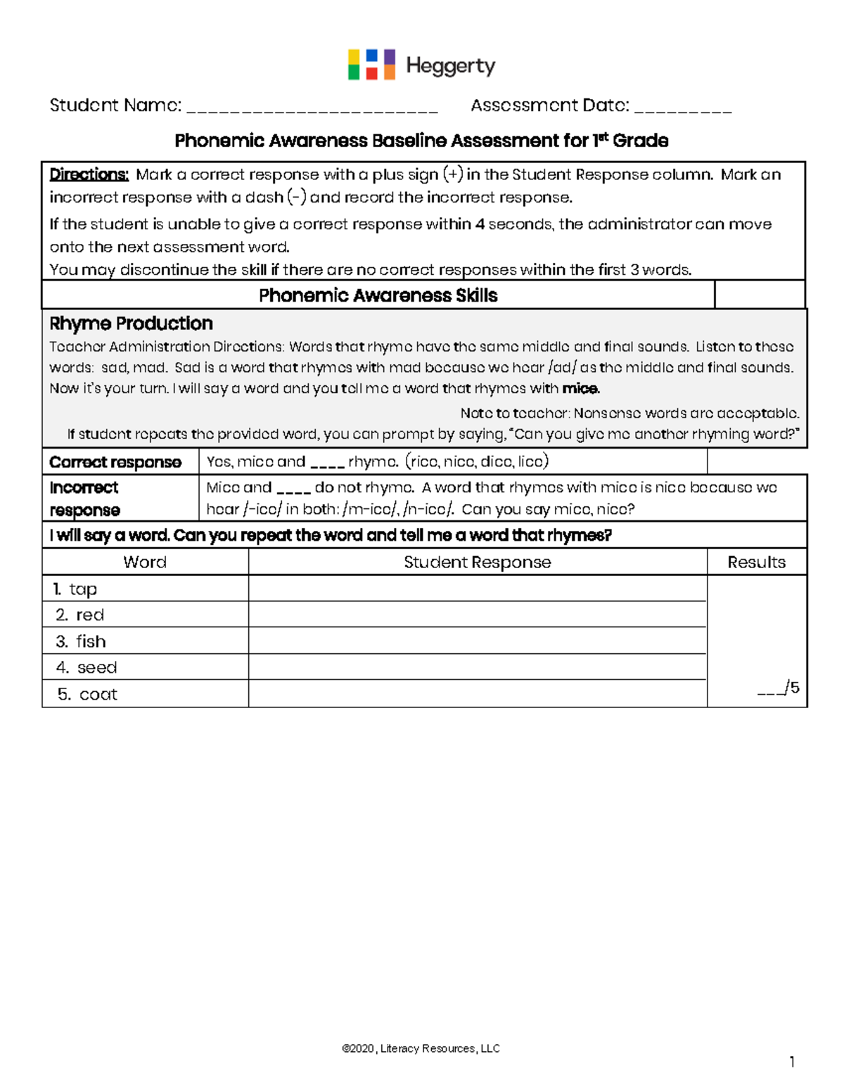 1st Grade Phonemic Awareness Baseline Assessment (BOY) 2020 - Studocu