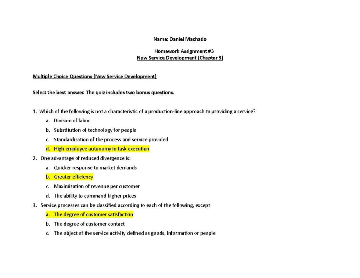 QSO 310 Module 1 Assignment - Name: Daniel Machado Homework Assignment Chapter 1: The Service ...