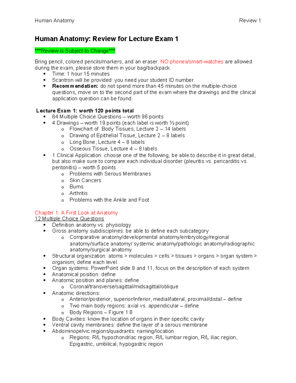 Human Anatomy Lecture Exam 1 Review (Course Code: HANY101) - Human ...