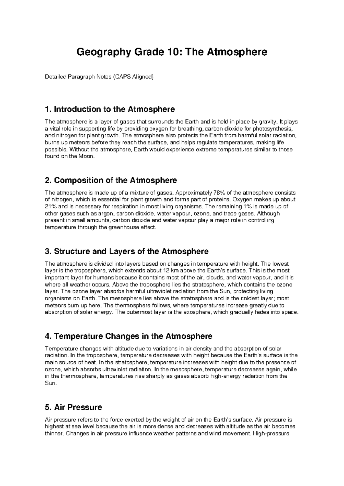 Geography Grade 10: Detailed Notes on the Atmosphere (CAPS) - Studocu