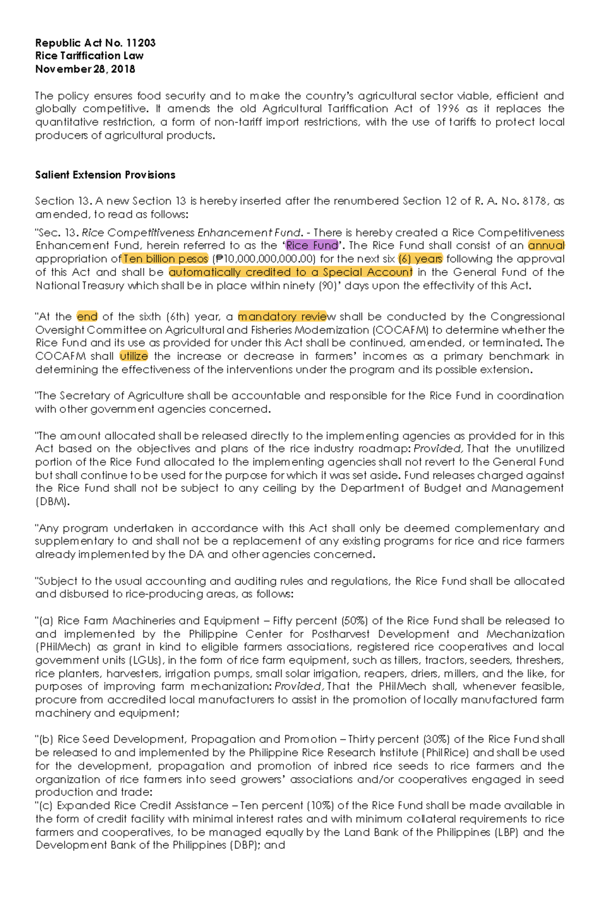 Republic Act No. 11203: Overview of the Rice Tariffication Law - Studocu