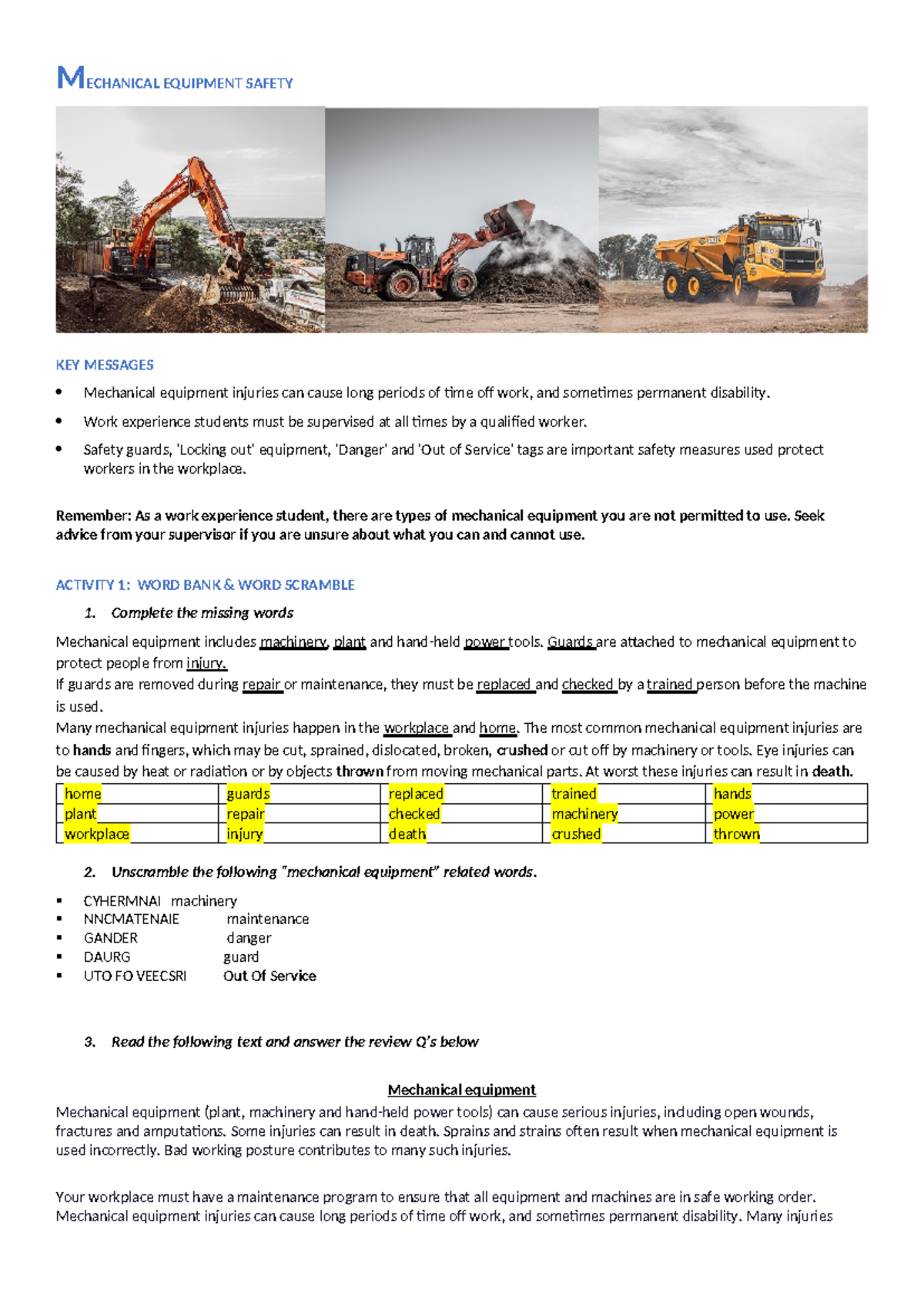 MECHANICAL EQUIPMENT SAFETY: KEY MESSAGES & GUIDELINES - Studocu