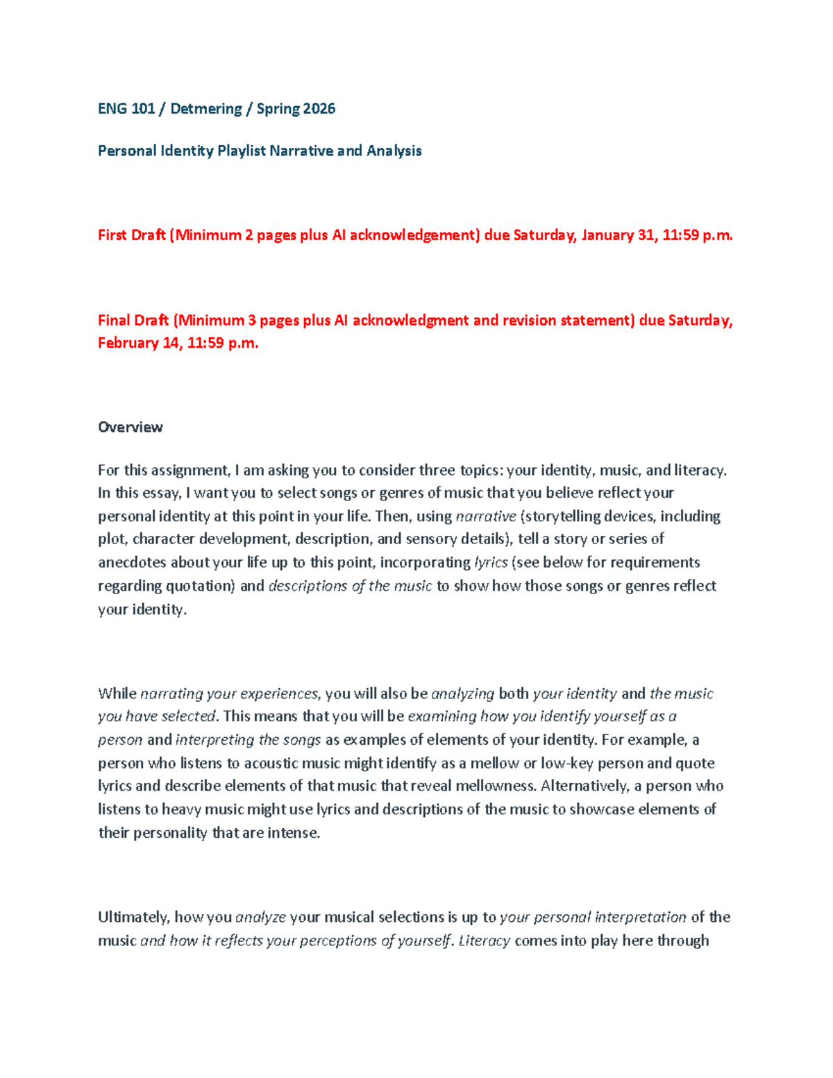 ENG 101-55Z6 Personal Identity Playlist Narrative & Analysis Draft ...